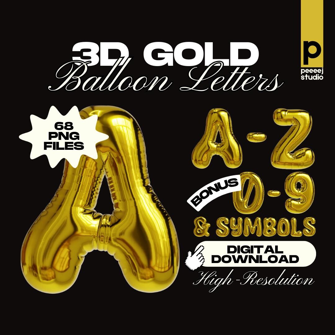3D Gold Balloon Letters PNG • A-Z 0-9 and Symbols • 68 Digital Files ...