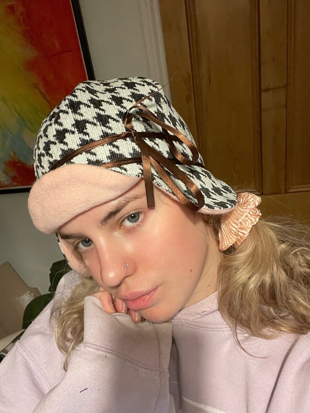 Houndstooth Black and White Flower Shaped Hat / Bonnet With Coquette ...