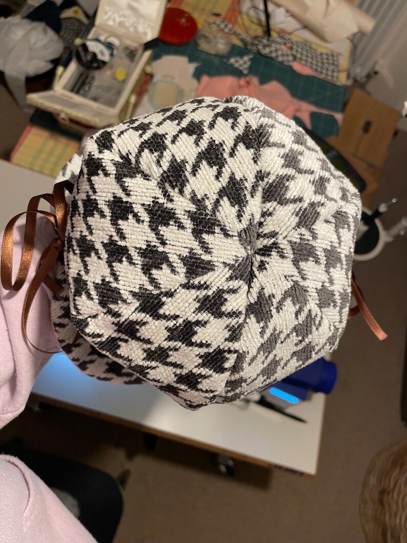Houndstooth Black and White Flower Shaped Hat / Bonnet With Coquette ...