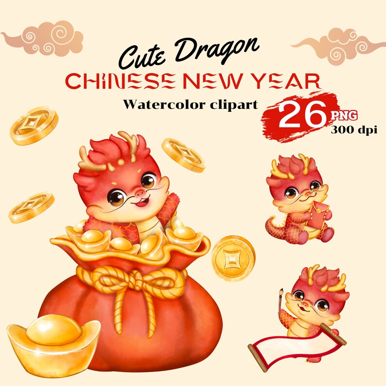 Chinese New Year 2024 Watercolor Clipart, Cute Dragon Clipart, Year of ...