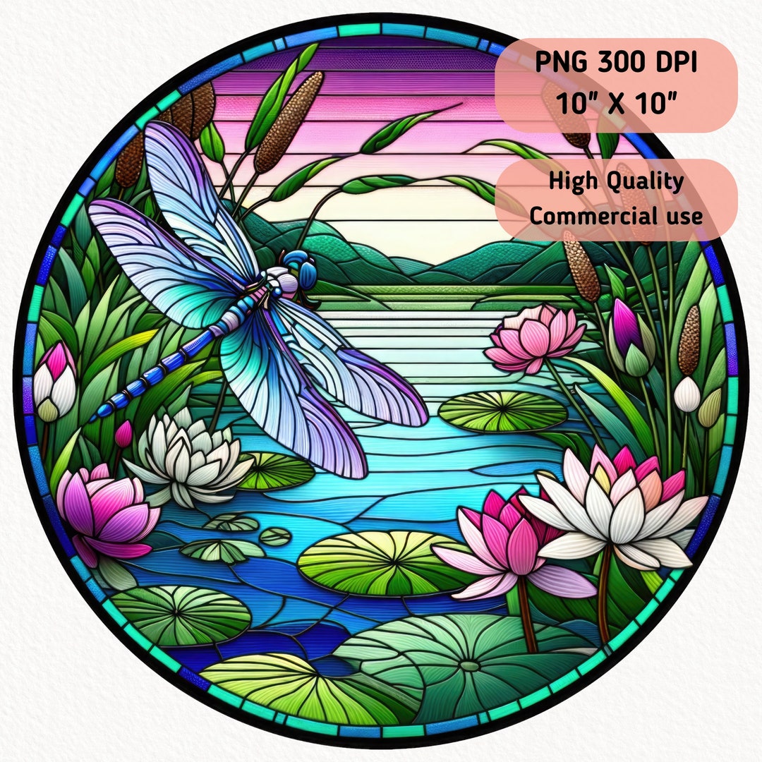 Dragonfly With Water Lily Lotus Flower Wet Grass Stained Glass ...