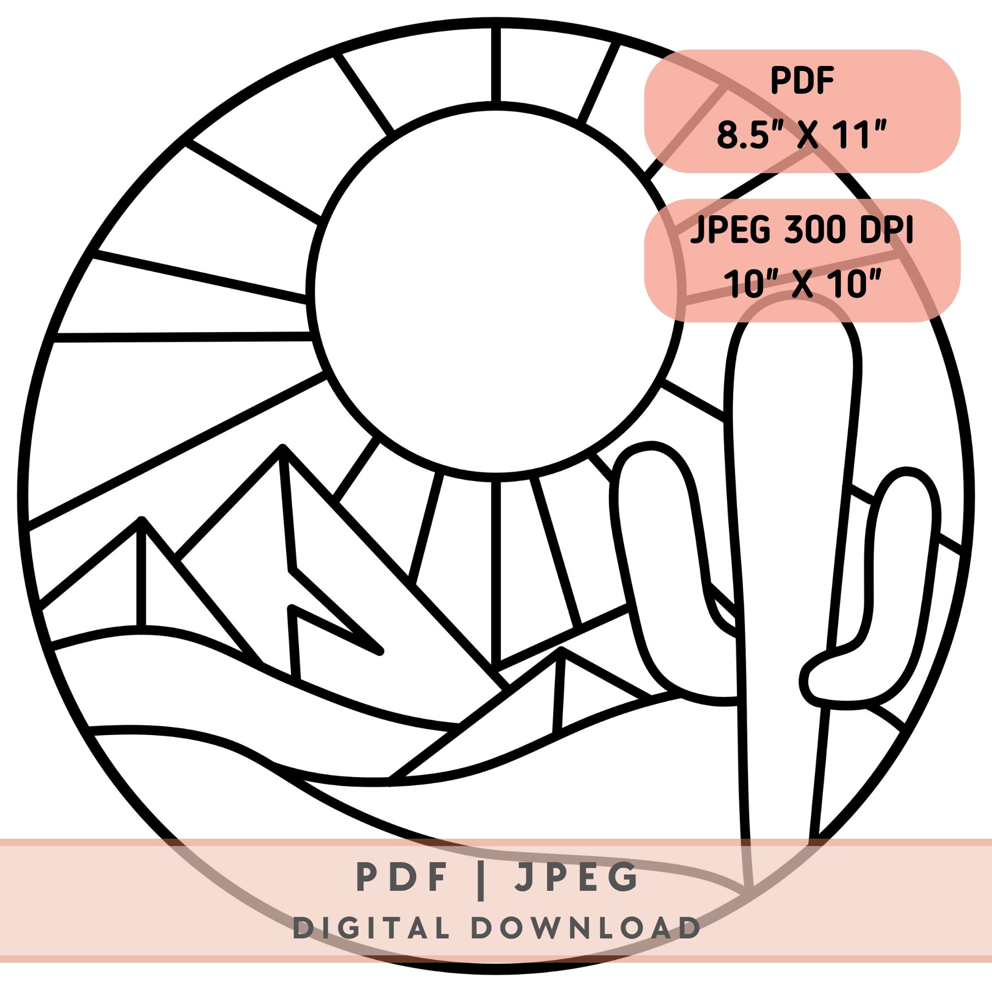 Sun and Cactus Desert Stained Glass PDF Pattern Print, Round Circle ...