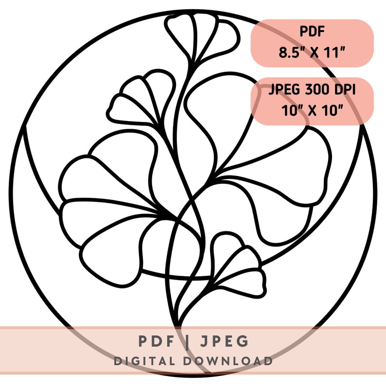 Ginkgo Leaf With Crescent Moon Stained Glass PDF Pattern Print, Round ...