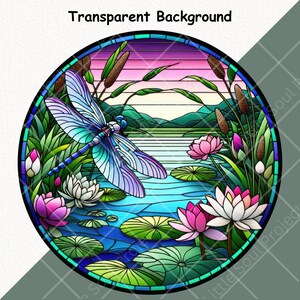 Dragonfly With Water Lily Lotus Flower Wet Grass Stained Glass ...