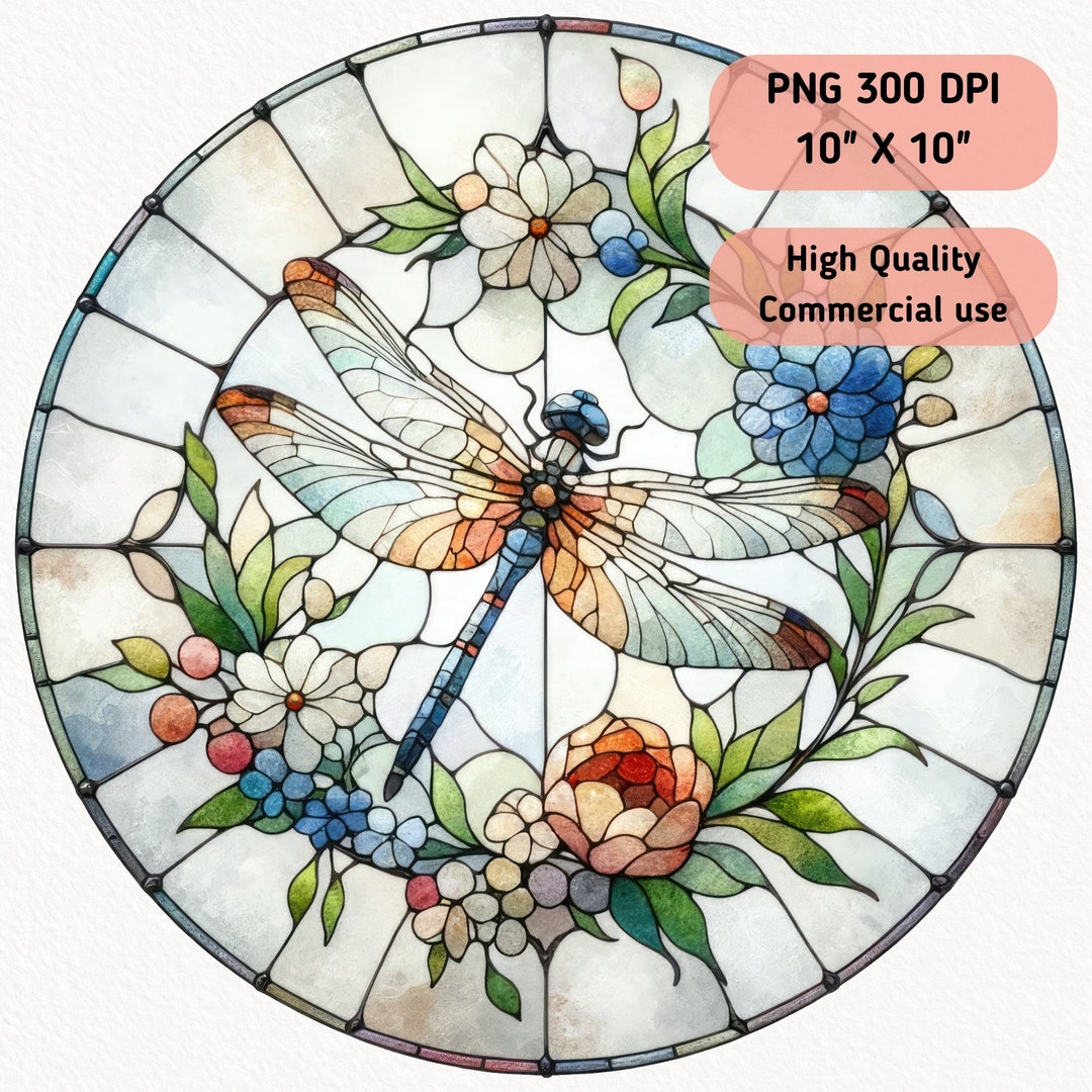 Dragonfly Flower Stained Glass Watercolor Clipart, Round Animal ...