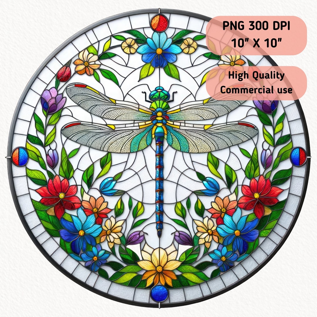 Dragonfly Flower Stained Glass Watercolor Clipart, Round Animal ...