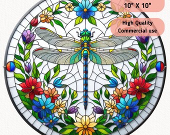 Dragonfly Flower Stained Glass Watercolor Clipart, Round Animal ...