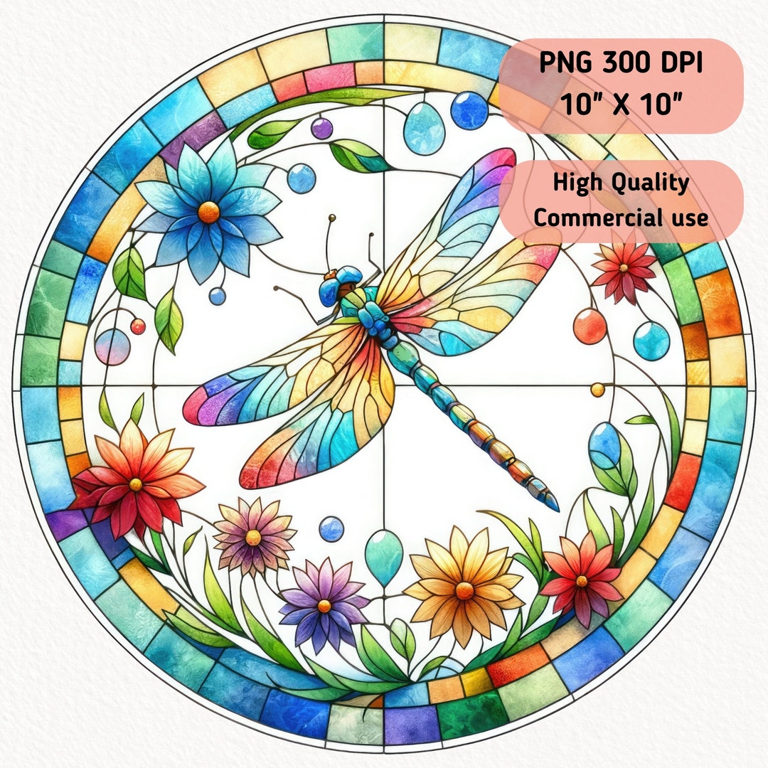 Dragonfly Spring Flower Stained Glass Watercolor Clipart, Round Animal ...