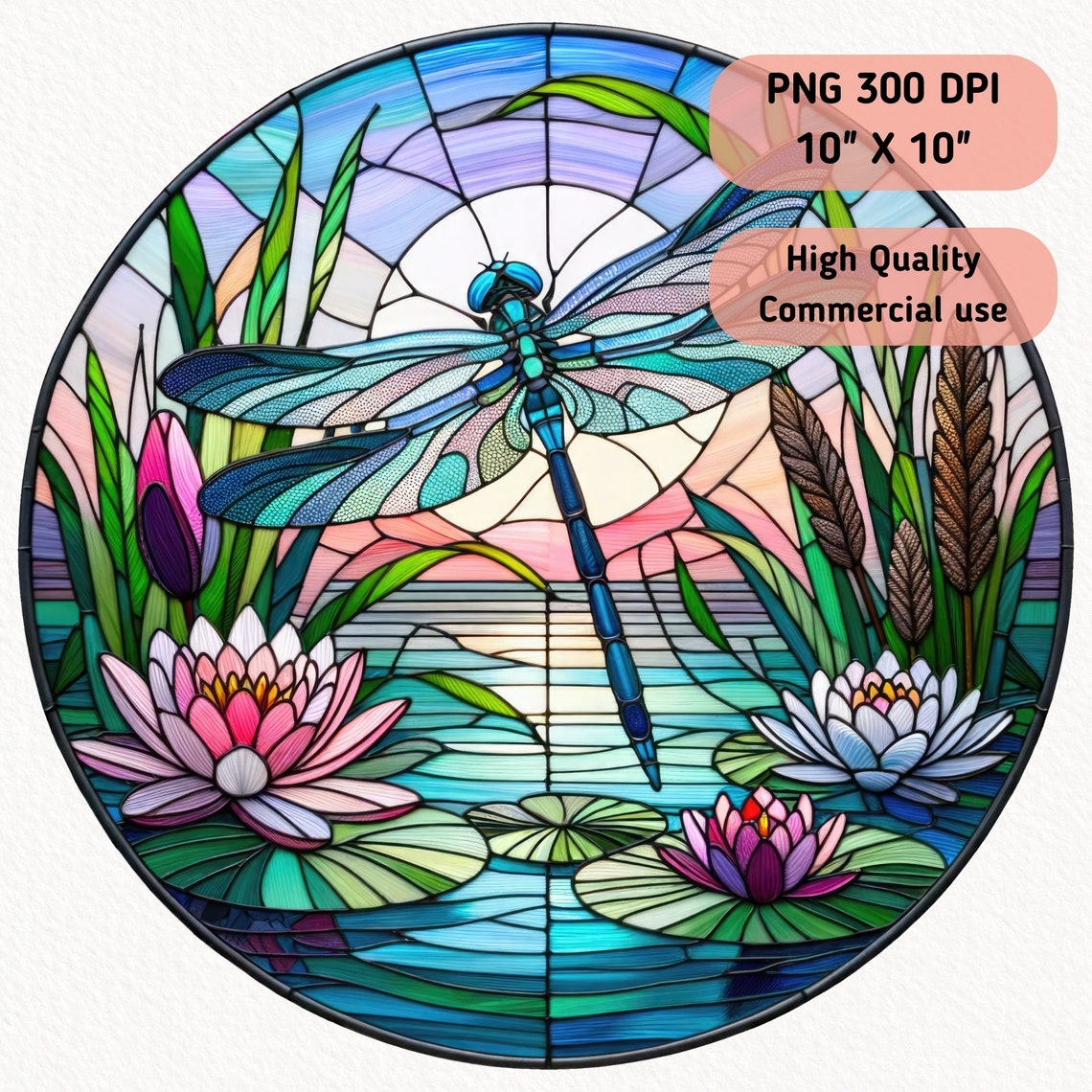 Dragonfly With Water Lily Lotus Flower Stained Glass Watercolor Clipart ...