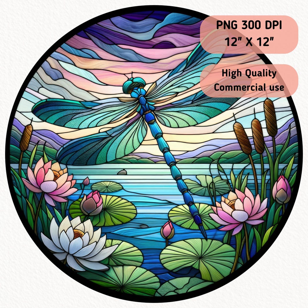 Dragonfly Hovering Water Lily Lotus Flower Stained Glass Watercolor ...