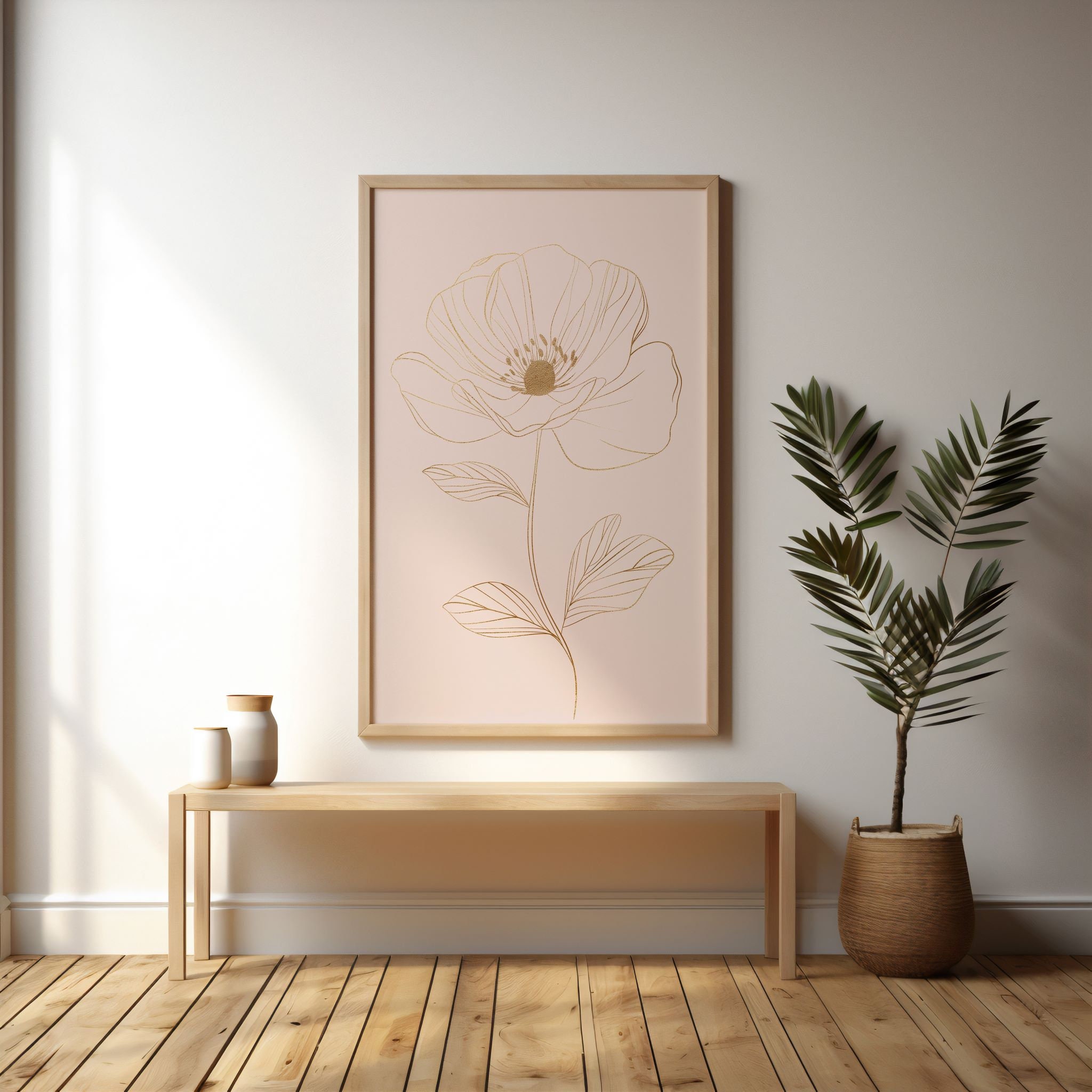 Pink Flower Line Art Gold Floral Art Minimalist Flower Art Boho Flower ...