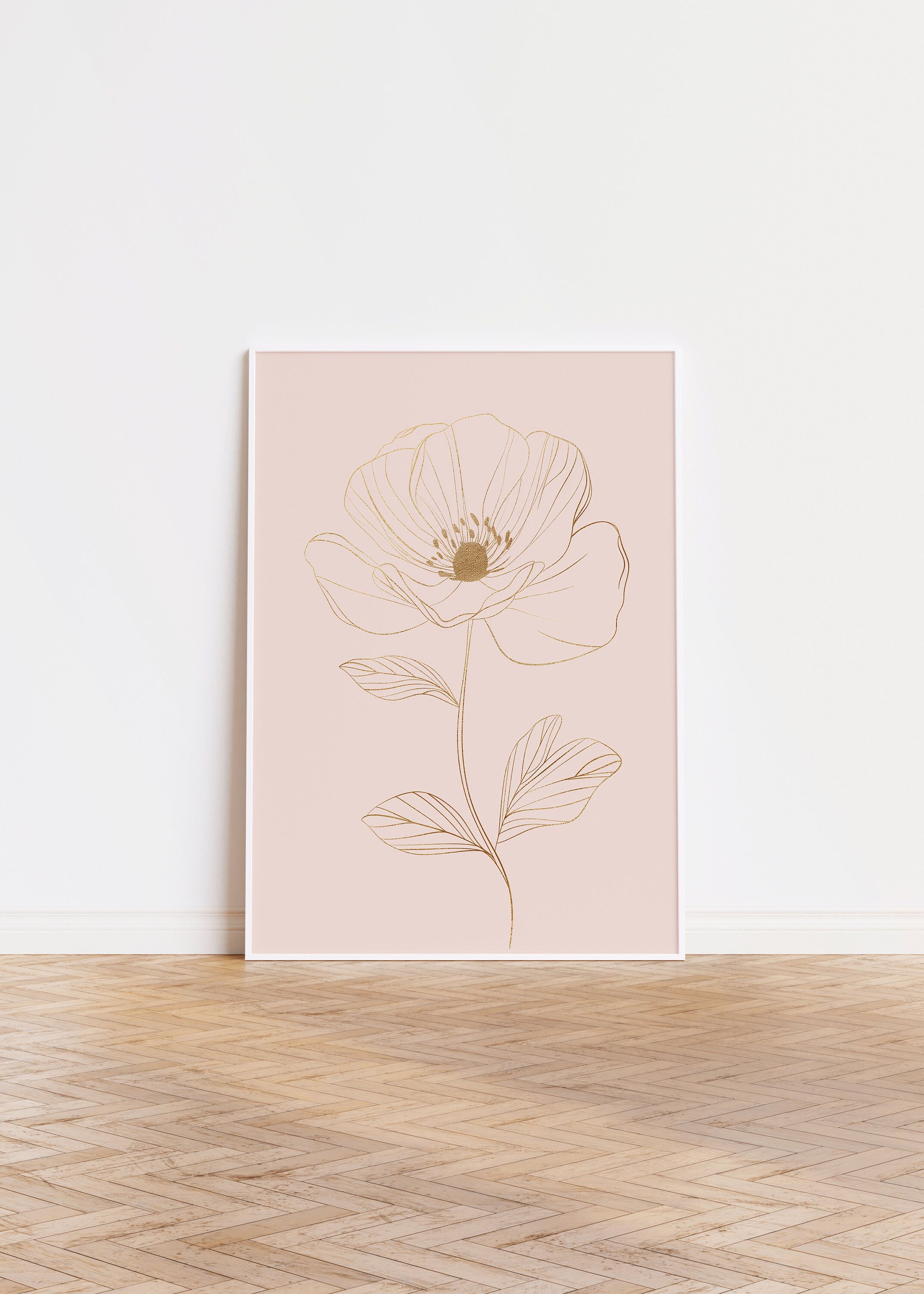 Pink Flower Line Art Gold Floral Art Minimalist Flower Art Boho Flower ...