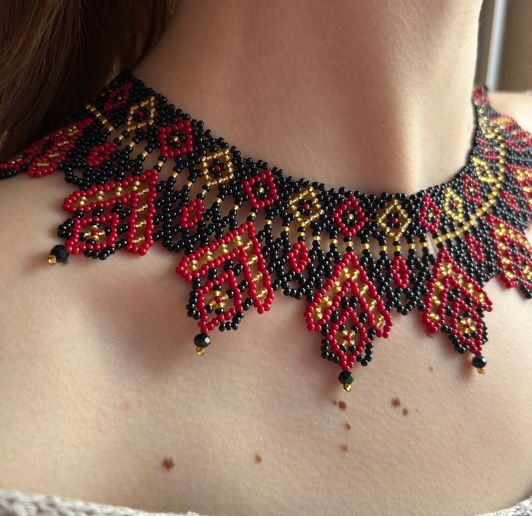 Red White Traditional Ukrainian SYLYANKA Seed Bead Boho Necklace Beaded ...