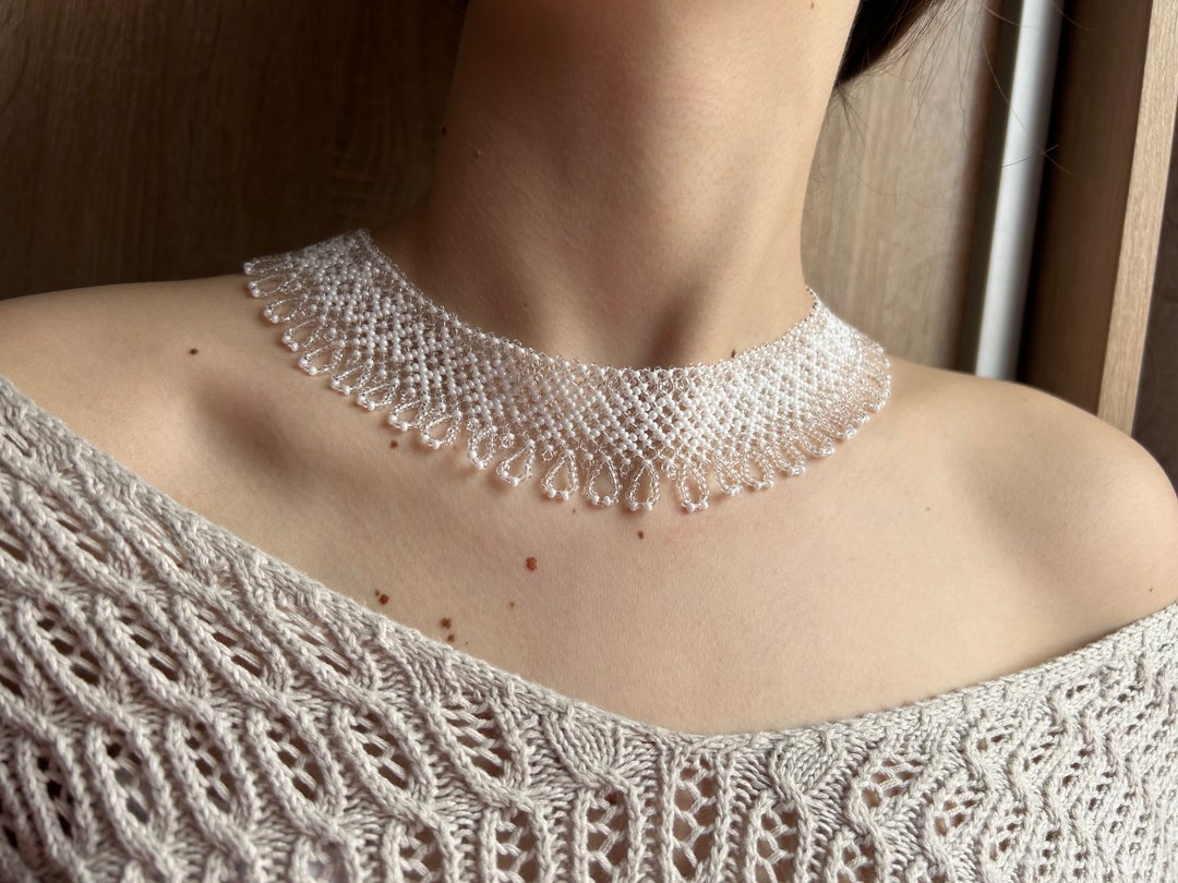 White Wedding Ukrainian SYLYANKA Seed Bead Necklace Beaded Collar ...