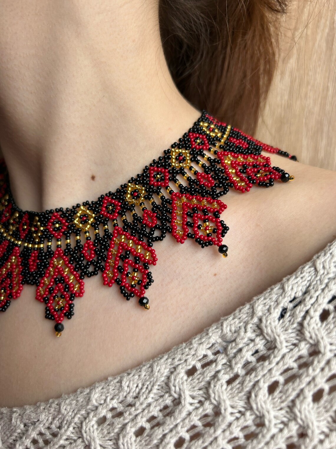 Red White Traditional Ukrainian SYLYANKA Seed Bead Boho Necklace Beaded ...
