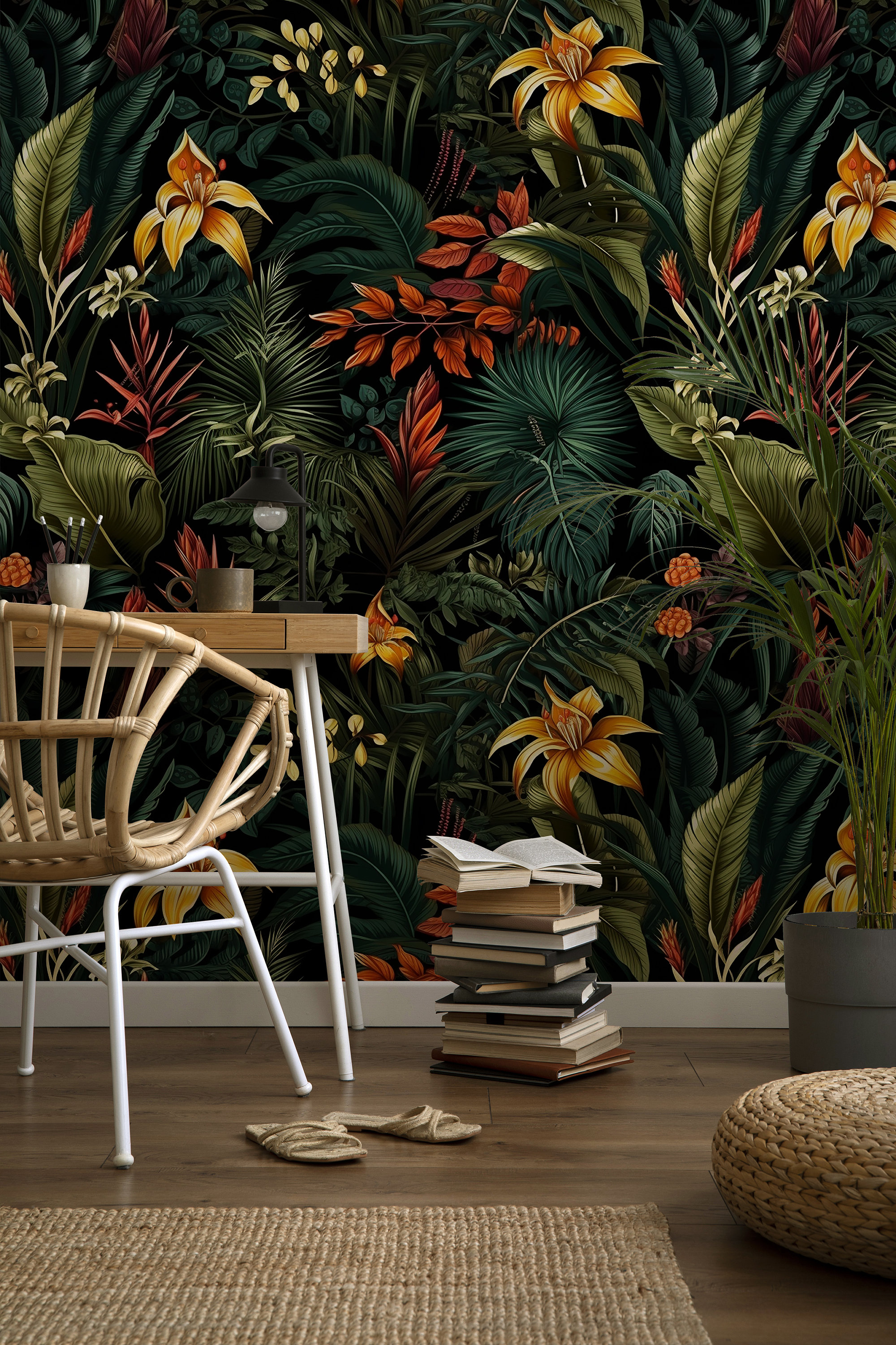 Vintage Botanical Wallpaper Peel and Stick Dark Tropical Plants, Dark ...