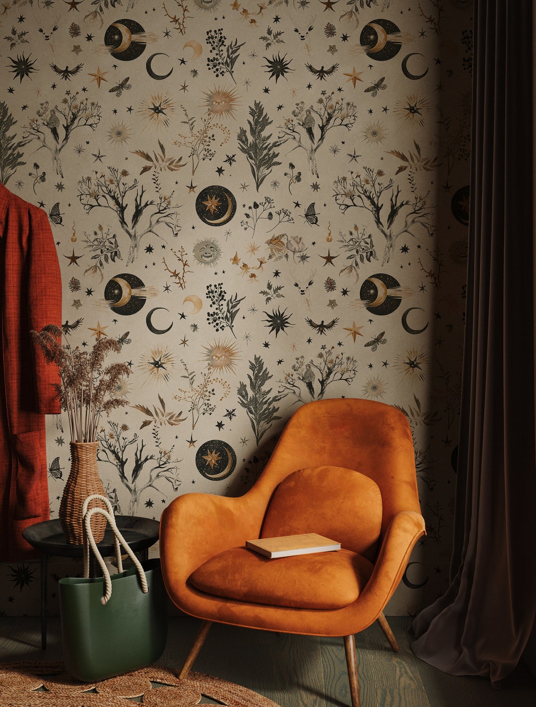 White Boho Wallpaper Moons Leaves, Peel and Stick Wallpaper With Forest ...