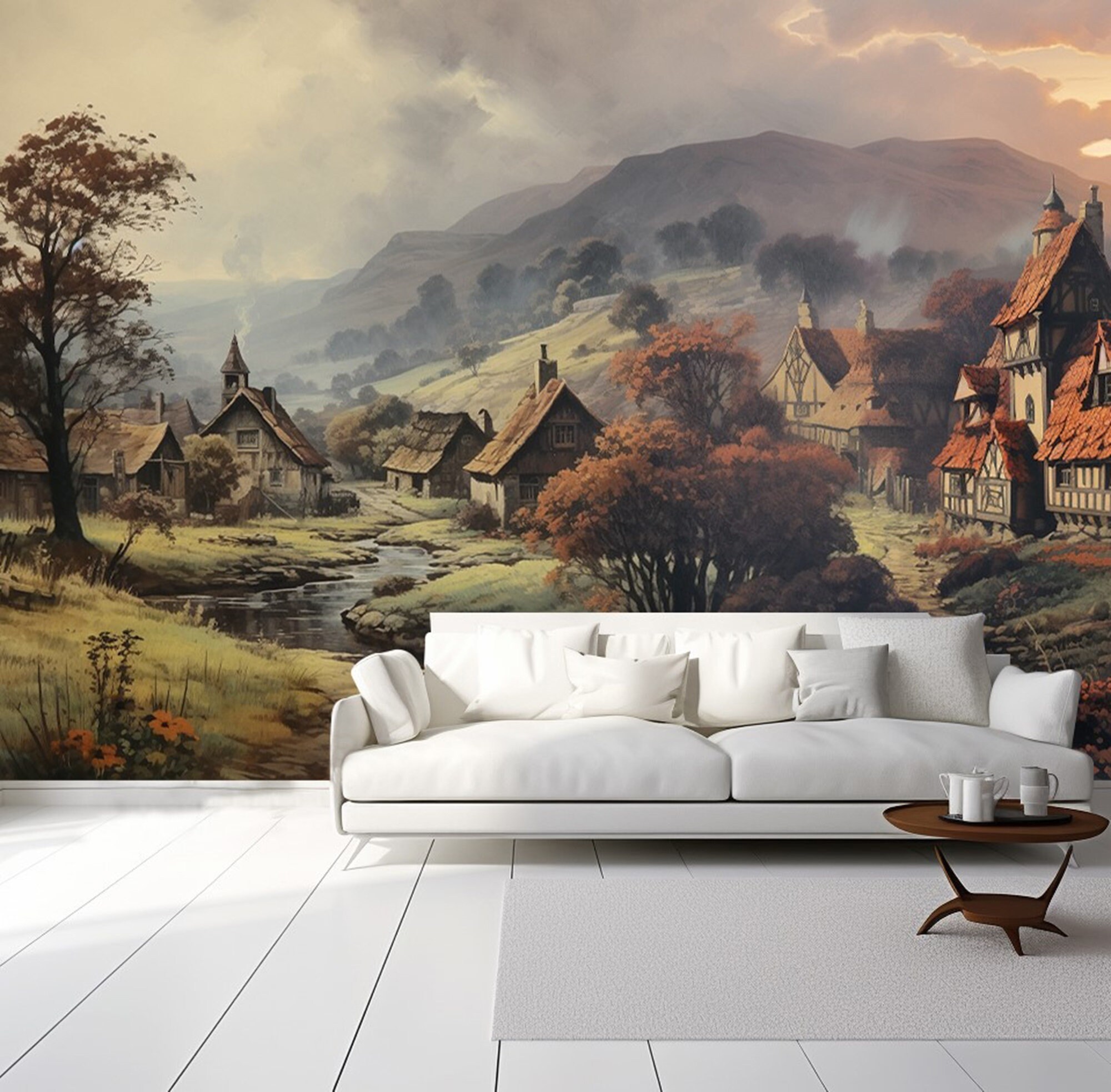 Old Style Landscape Walpaper, Old Villages Removable Wallpaper, Peel ...