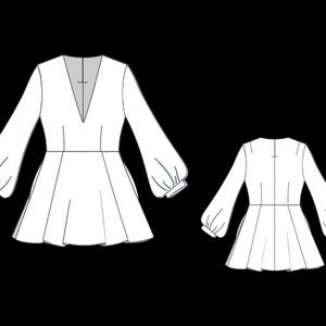 Mini Dress Pattern, Elegant V-neck Long Sleeve Dress Sewing Pattern ...