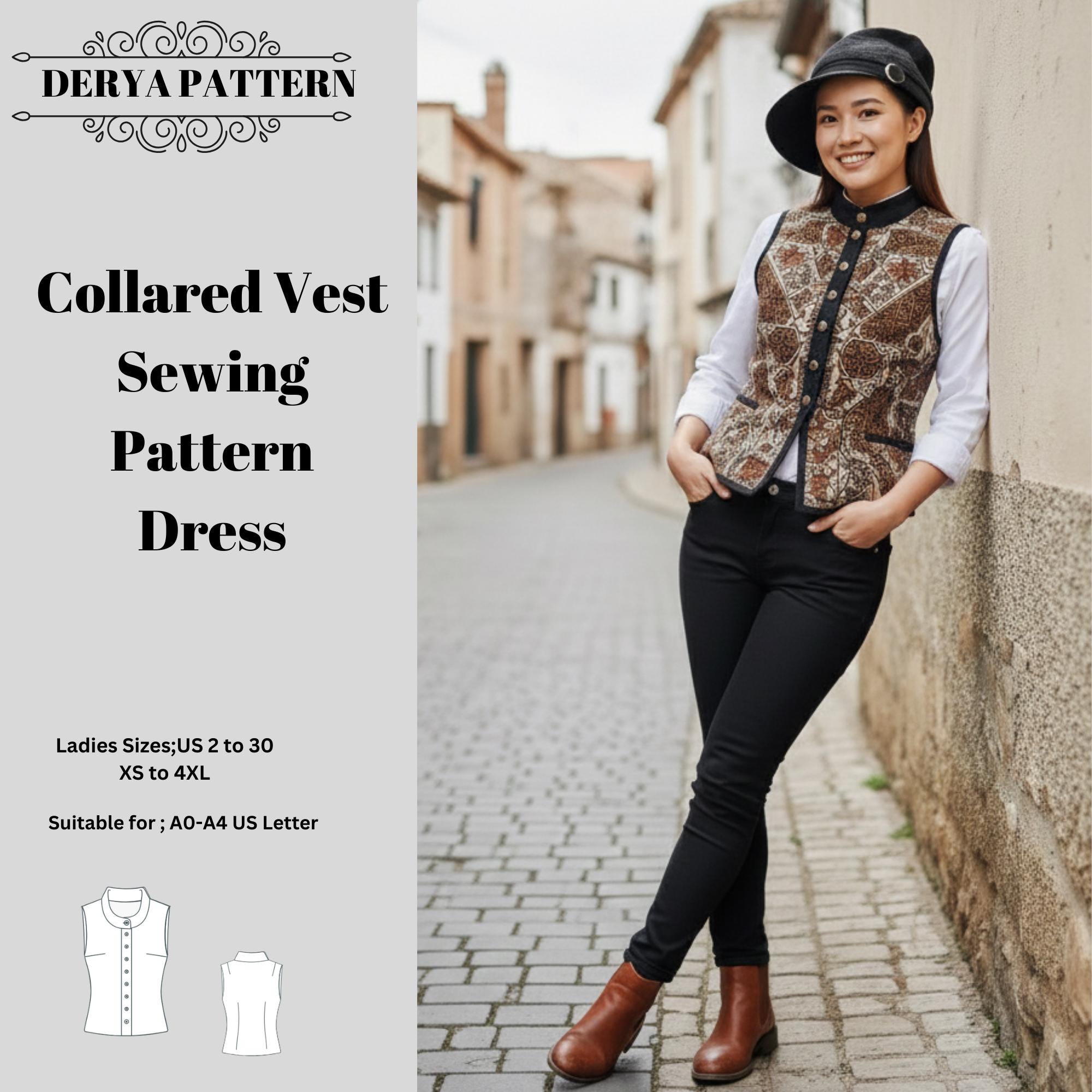 Collared Vest Sewing Pattern/front Tie Top/women/ Sizes: (A0 A4-U 2to30 ...