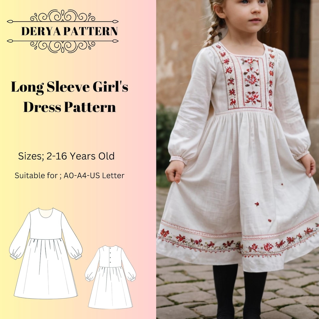 Long Sleeve Linen Dress Sewing Pattern for Girls, Comfortable (sizes 2 ...