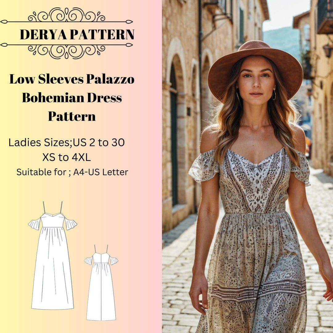 Low Sleeves Palazzo Bohemian Dress, Bohemian Long Dress Sewing Pattern ...