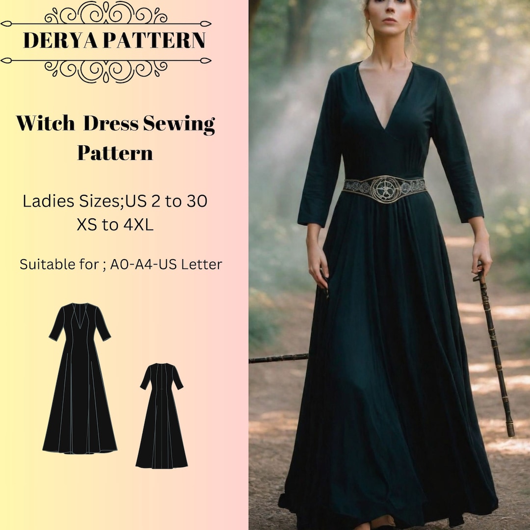 Witch Dress Sewing Pattern , Halloween Costume, Regency, Elvish Dress, Maxi Dres ,A0 A4 US ...