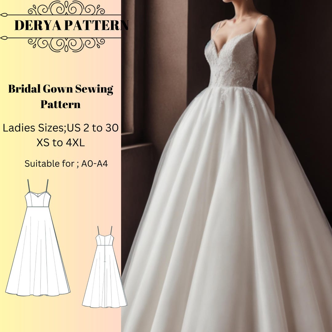 Bridal Gown Dress Sewing Pattern , Range of Size Options US 2 to 30 and ...