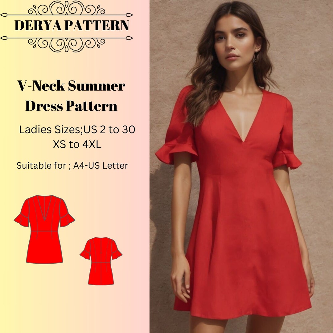 Mini V-neck Summer Dress Pattern, Mini Dress Sewing Pattern, Spring ...