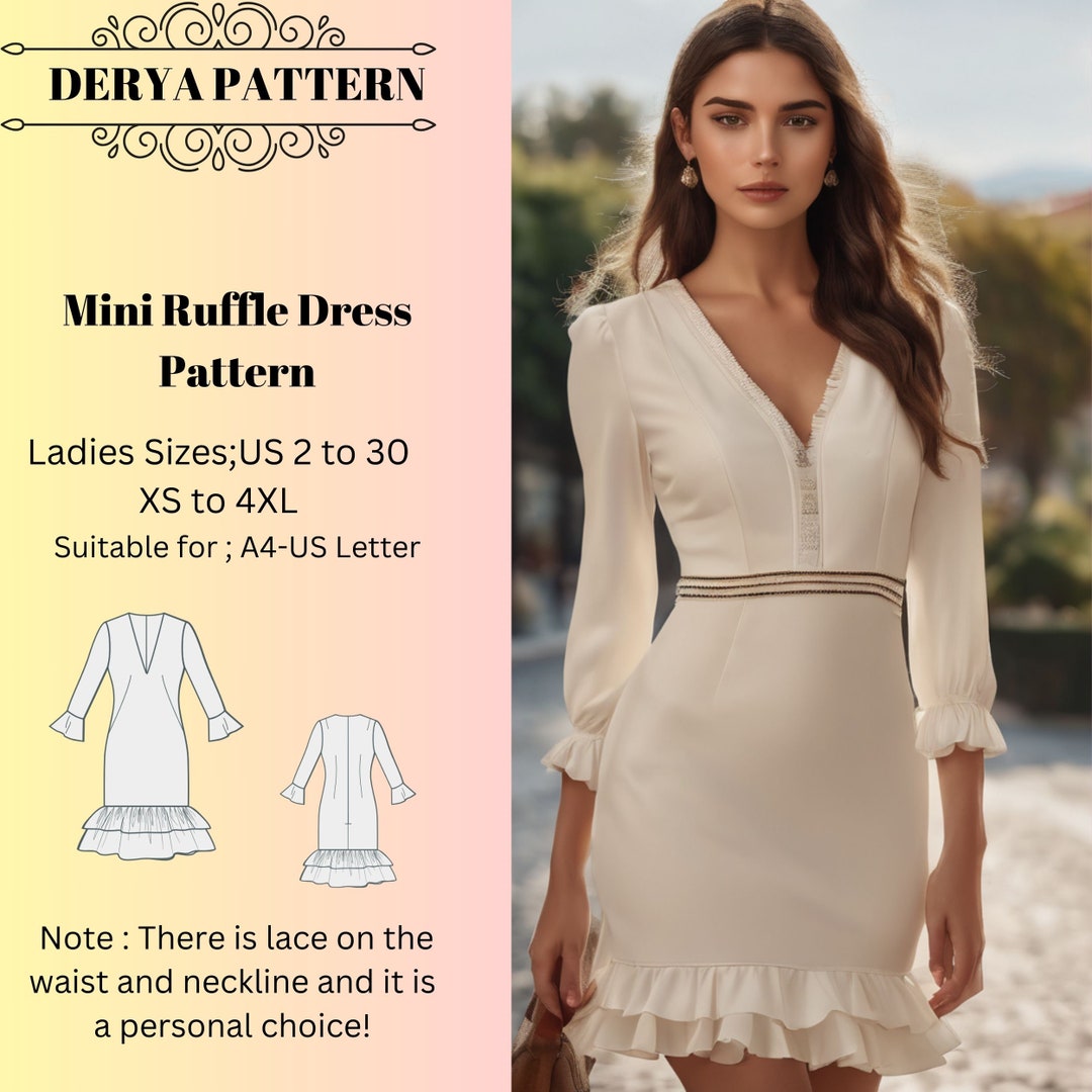 Mini Ruffle Dress Sewing Pattern: Bridal Shower, Ball Gown (A4-US ...