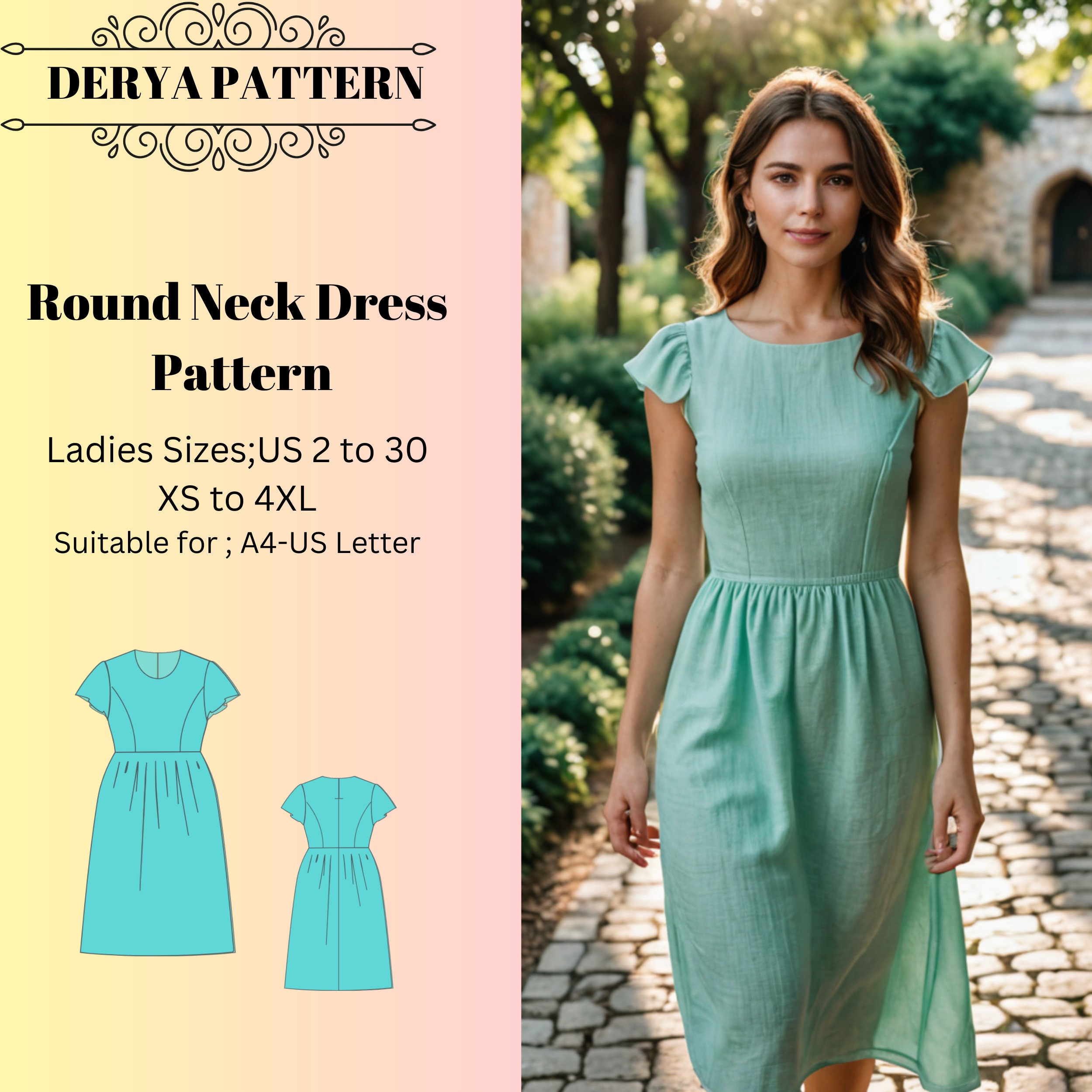 Round Neck Dress Pattern, Summer Linen Dress Pattern,spring Dress ...