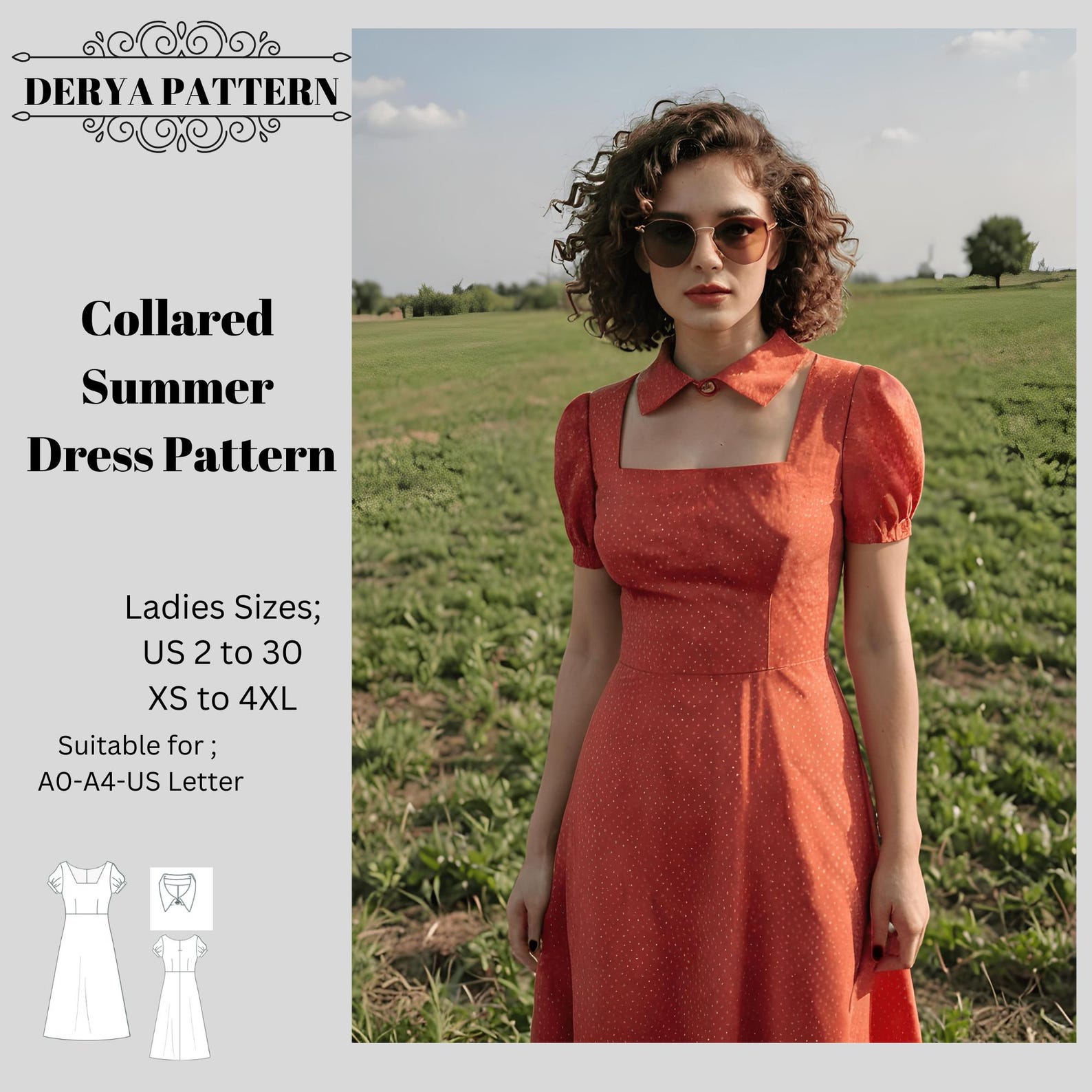 Collared Summer Dress Pattern: Women's Sewing Pattern (US 2-30) (PDF ...