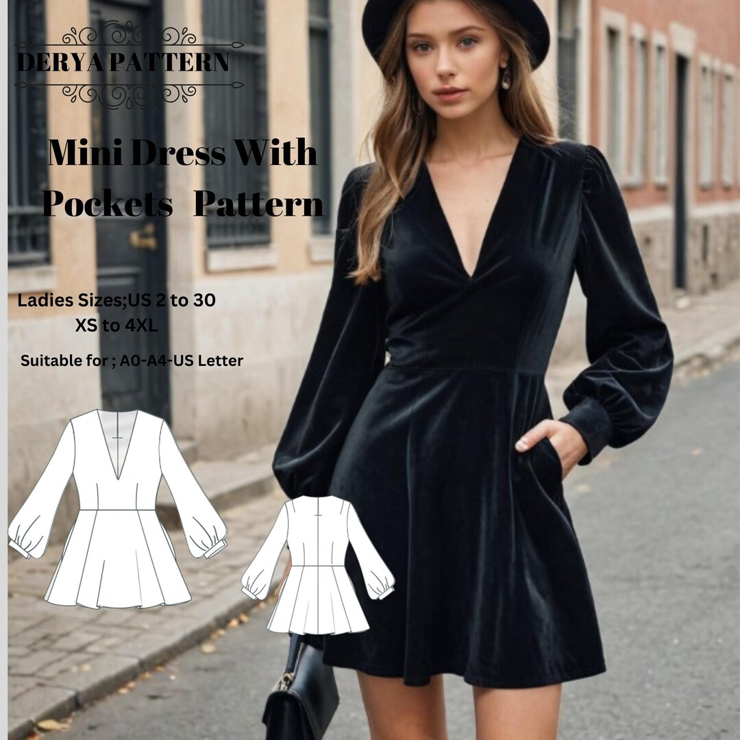 Mini Dress Pattern, Elegant V-neck Long Sleeve Dress Sewing Pattern ...