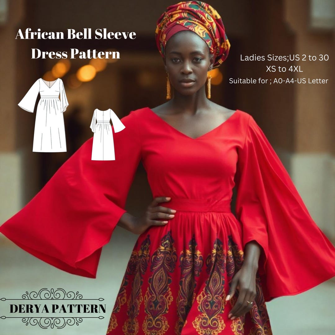 African Bell Sleeve Dress Pattern: Ankara Print (A0 A4 US Letter) - Etsy
