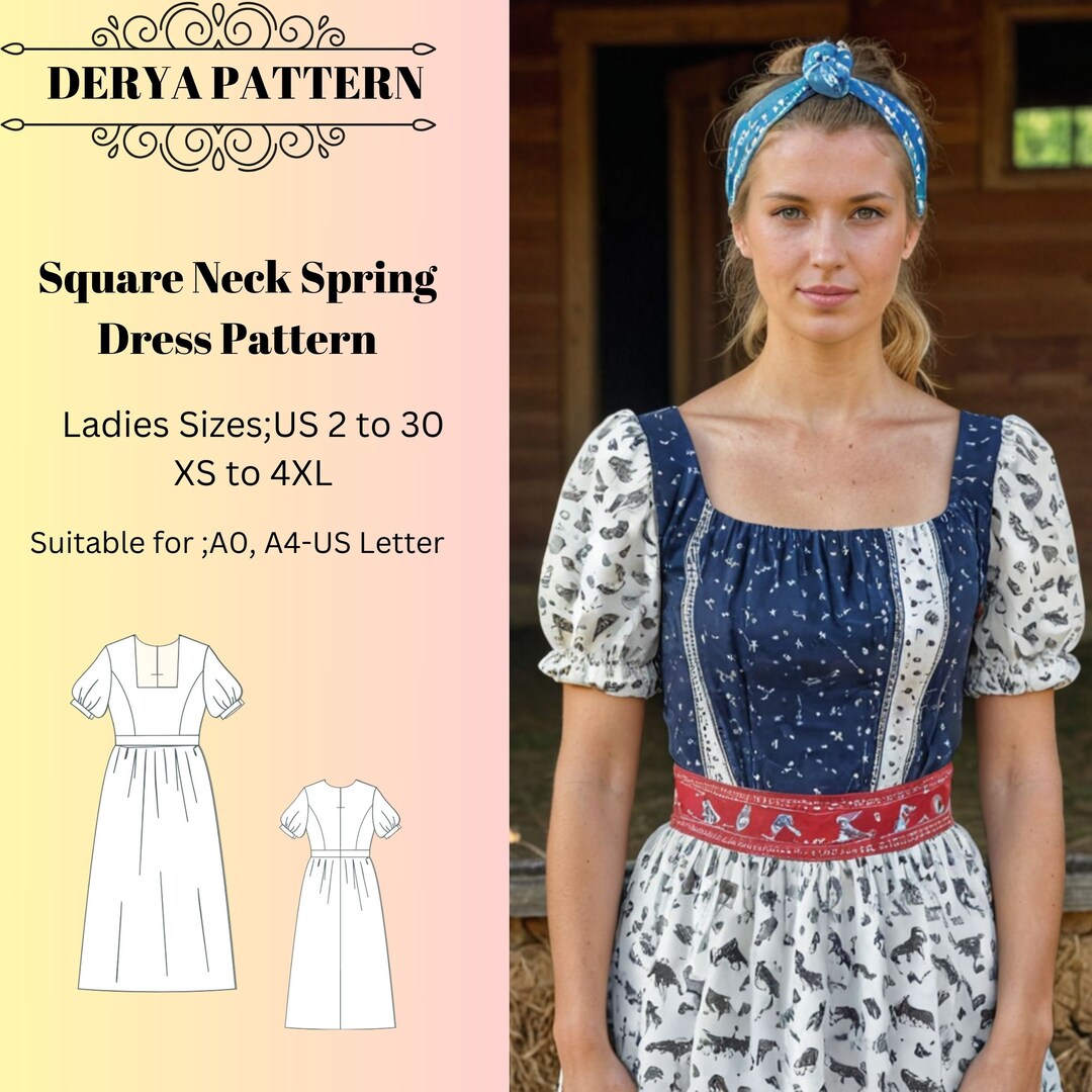Square Neck Spring Dress,summer Dress Pattern,midi Dress Sewing Pattern ...