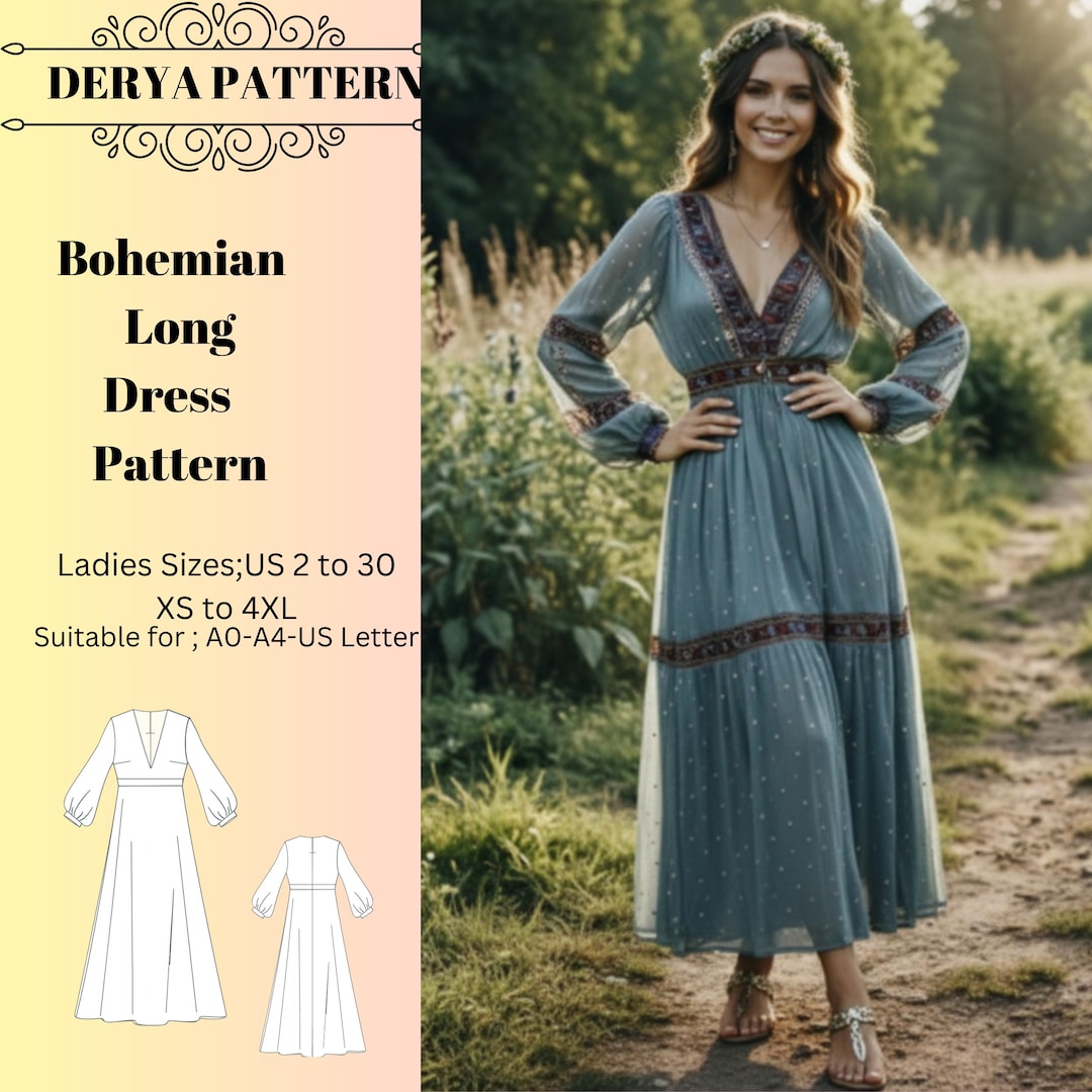 Bohemian Long Dress Sewing Pattern: Ethnic Style (US 2-30) (PDF) - Etsy