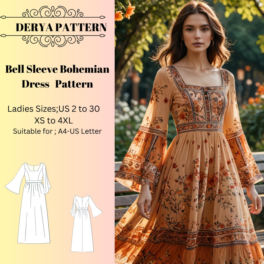 Bell Sleeve Bohemian Dress Sewing Pattern: US Size 2-30 (A4/US Letter ...