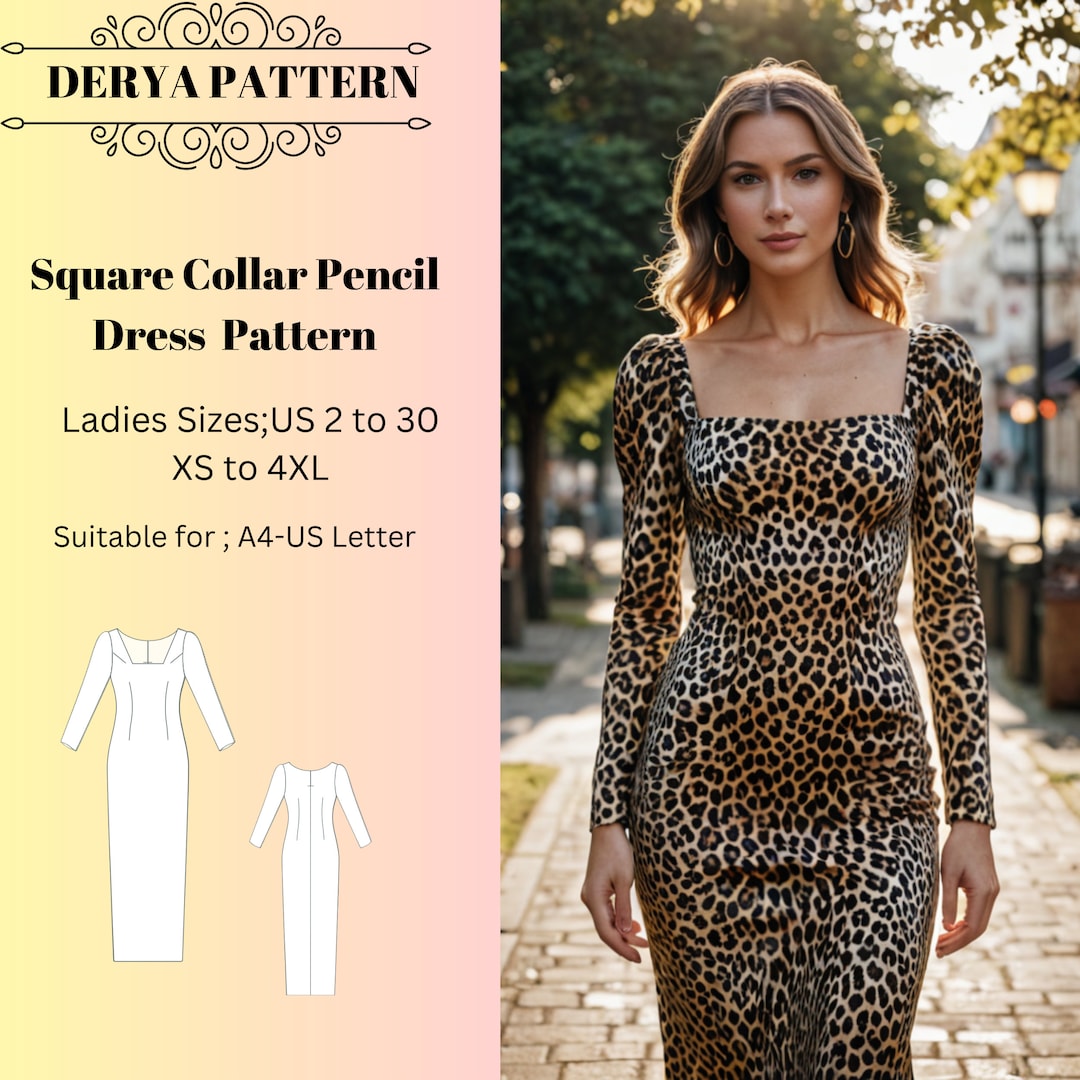 Square Collar Pencil Dress Pattern,long Leopard Dress,evening Dress ...