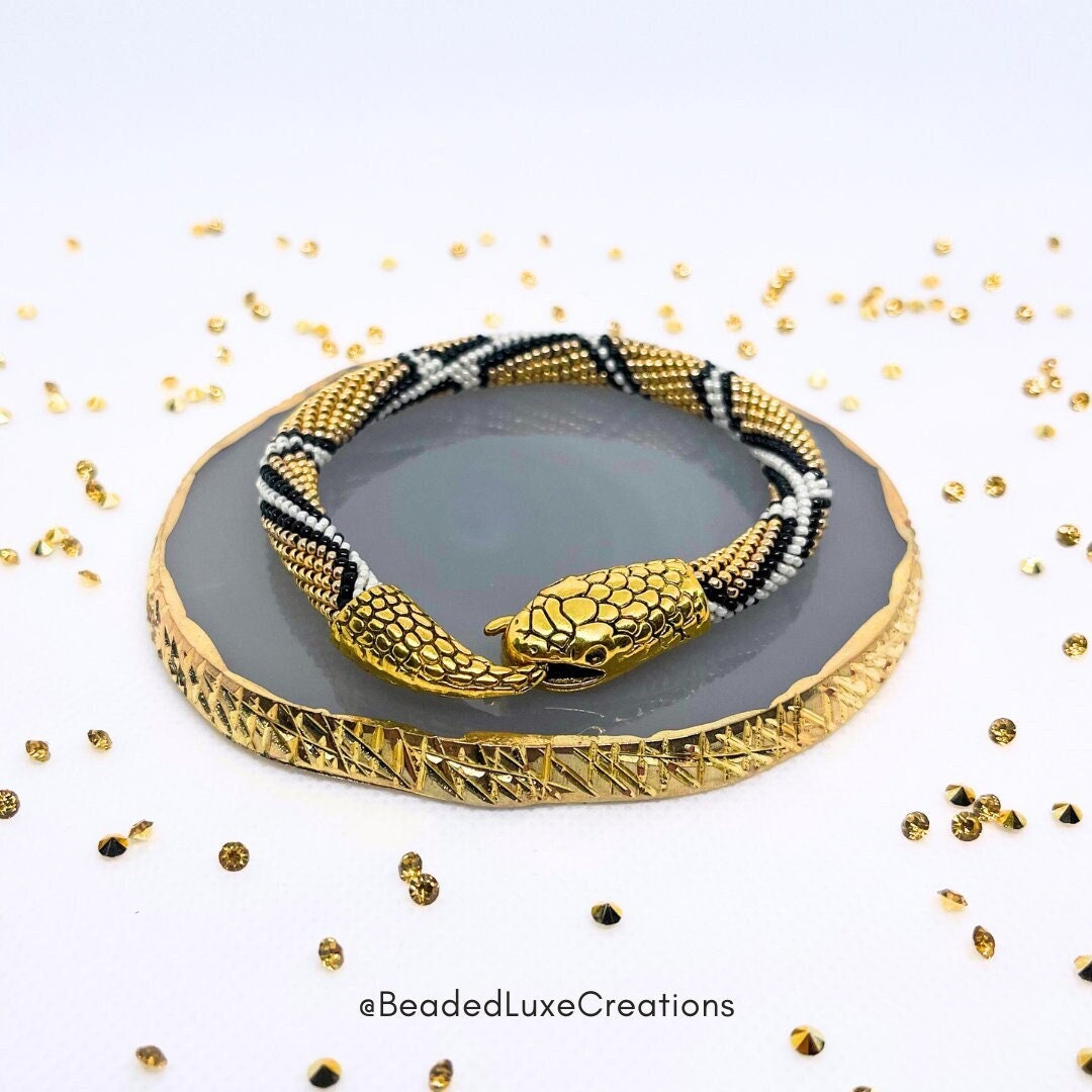 Elegant Snake Head Bracelet in Ivory White and Gold Handmade Bead ...