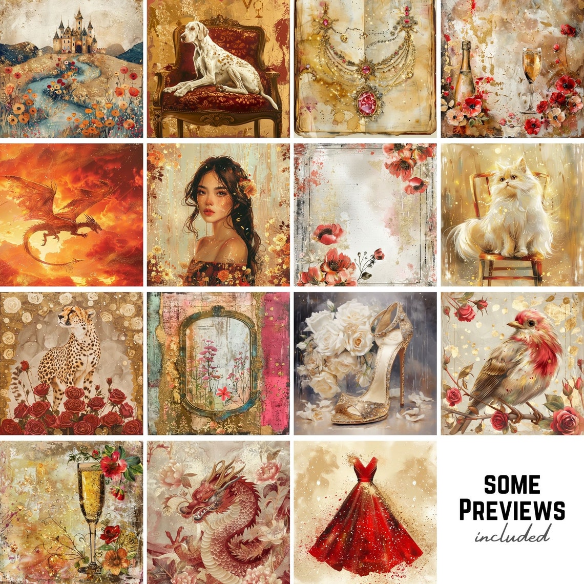 Red and Gold Theme, Big Bundle Shabby Chic Journal, Digital Paper, Junk ...