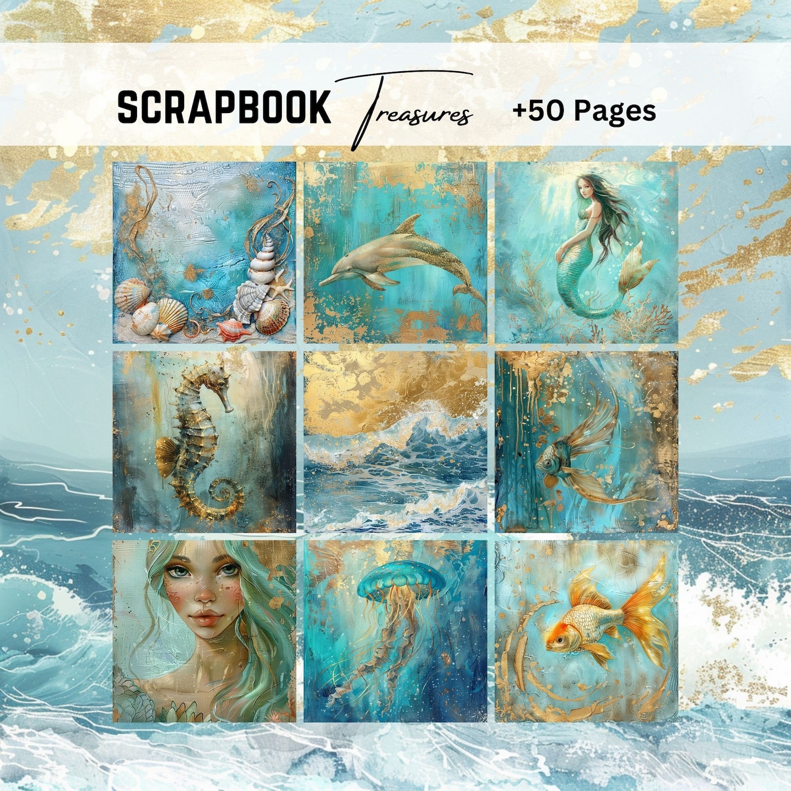 Aqua Gold Theme, Sea Mermaid, Beach, Shabby Chic Journal, Digital Paper ...
