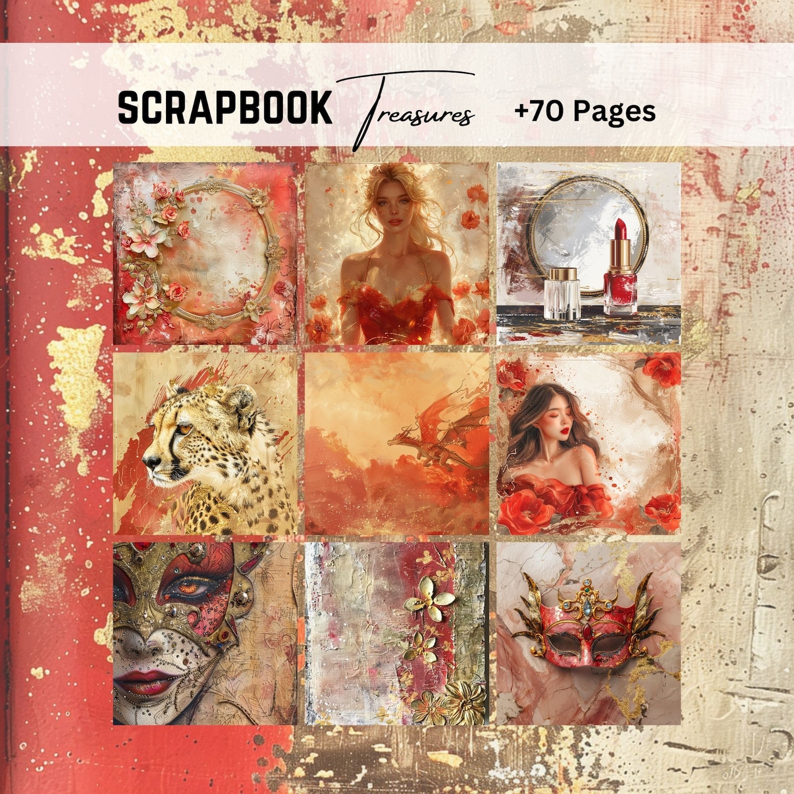 Red and Gold Theme, Big Bundle Shabby Chic Journal, Digital Paper, Junk ...