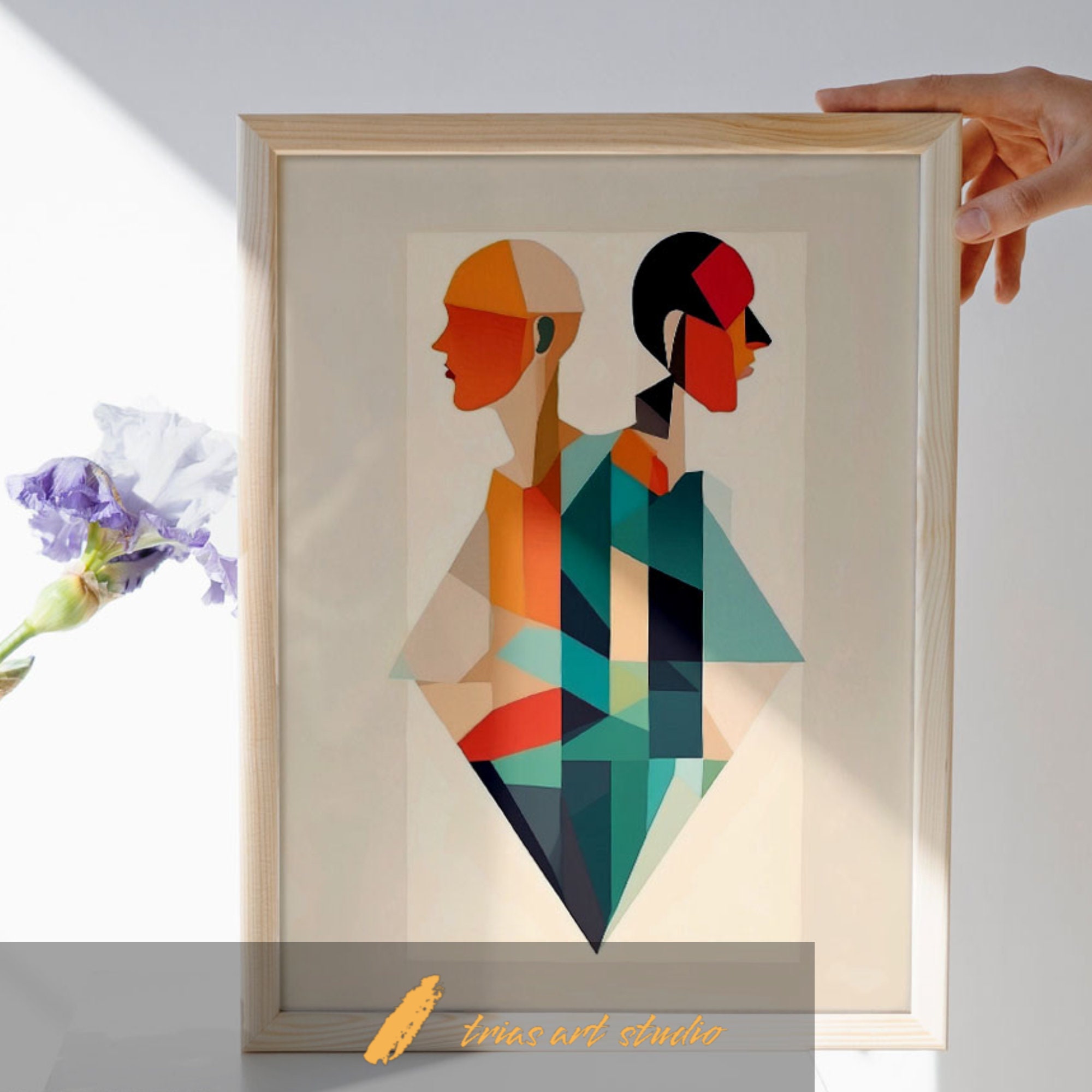 Geometric Connection Abstract Art Print of Two Human Figures Artistic ...
