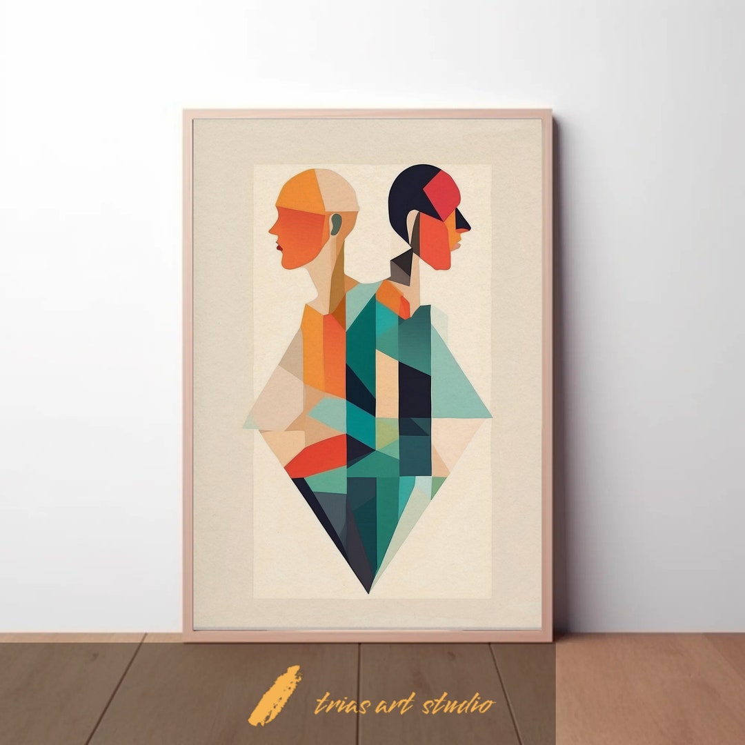 Geometric Connection Abstract Art Print of Two Human Figures Artistic ...