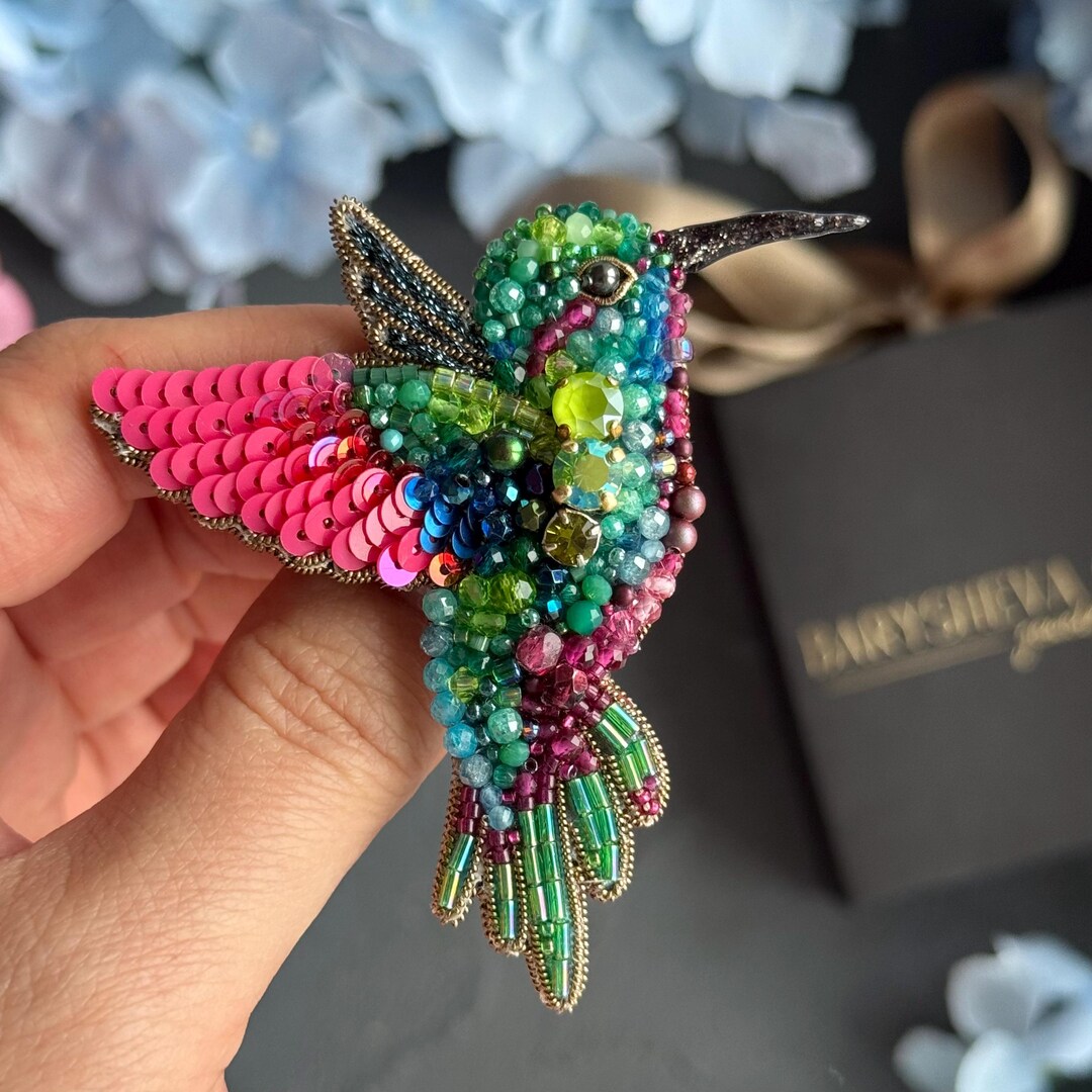 Beaded Hummingbird Brooch Pin With Swarovski Crystals, Handmade Bird ...