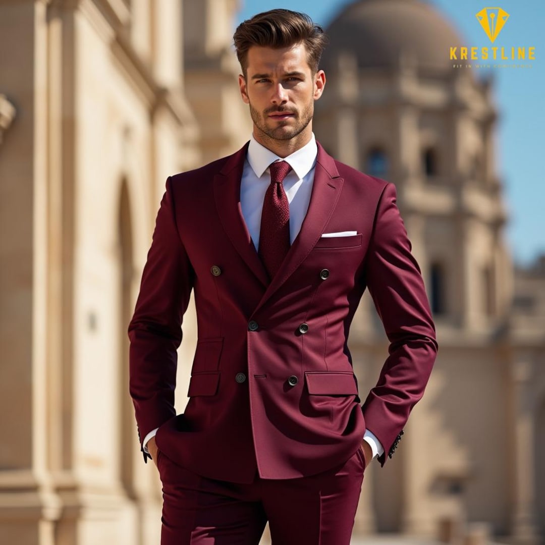 Mens Wine Double-breasted Suit Modern Groom and Wedding Attire Perfect ...