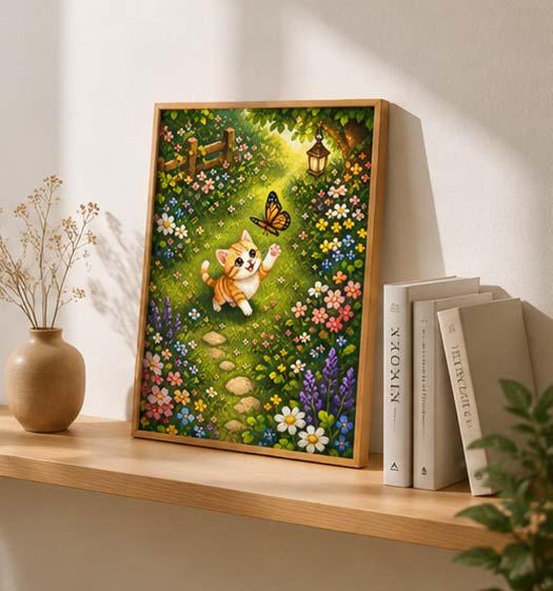 Orange Cat and Butterfly Pixel Art Print | Kitten Garden | Pixel ...