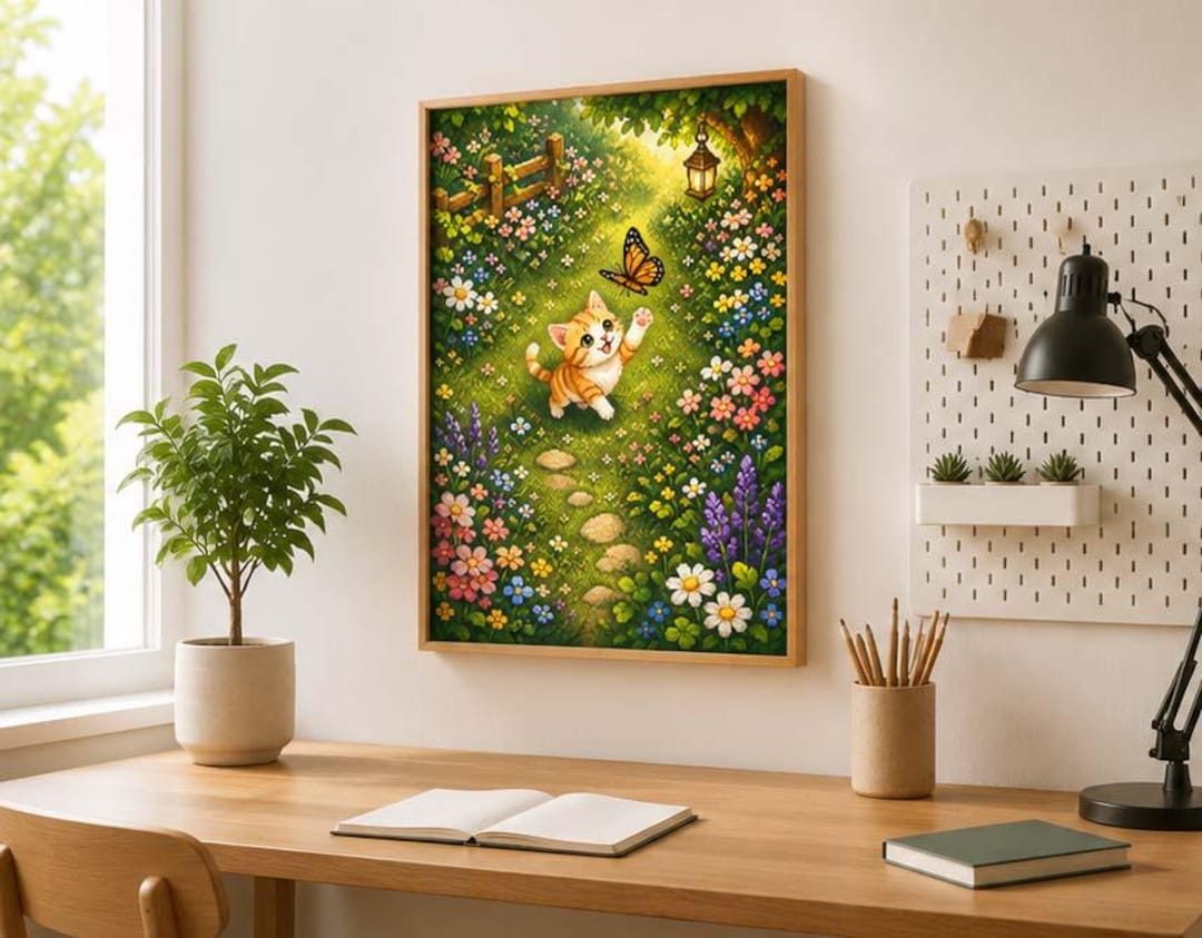 Orange Cat and Butterfly Pixel Art Print | Kitten Garden | Pixel ...