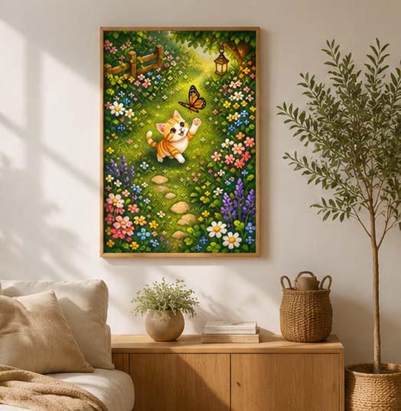 Orange Cat and Butterfly Pixel Art Print | Kitten Garden | Pixel ...