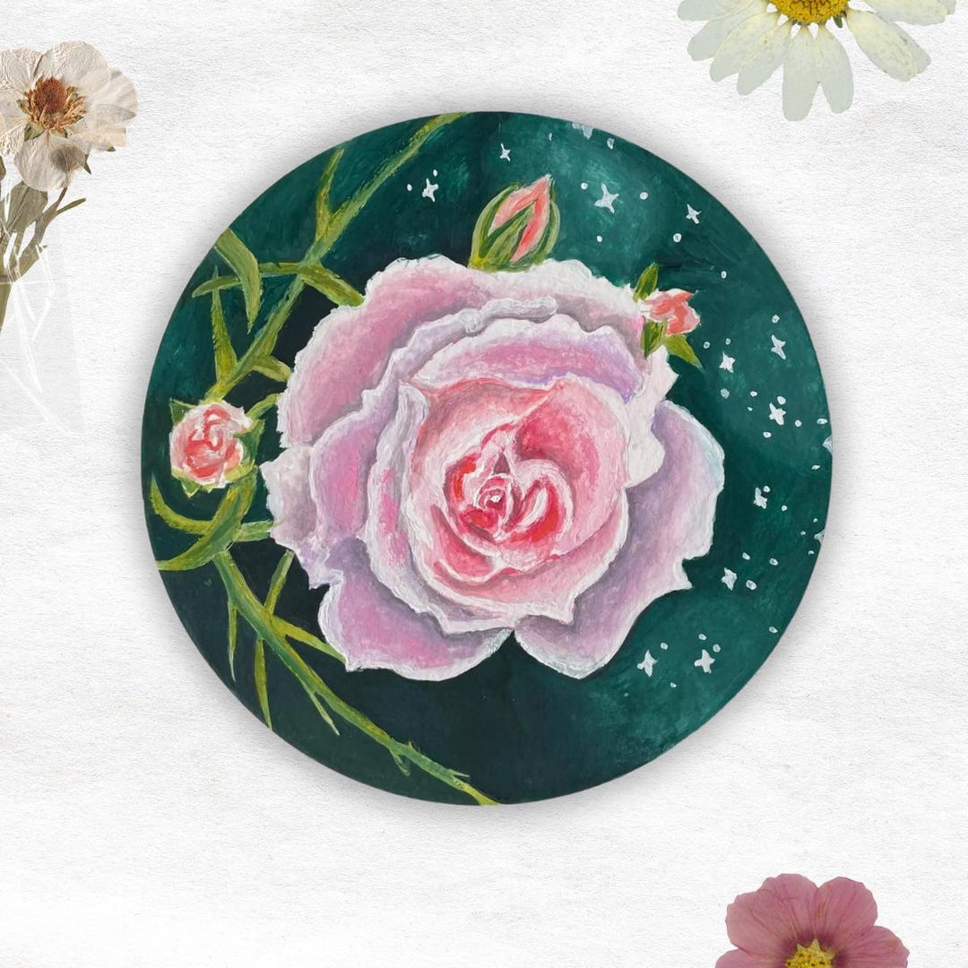 Original Rose Gouache Painting, Round Canvas Art (4.7 Inch) - Etsy